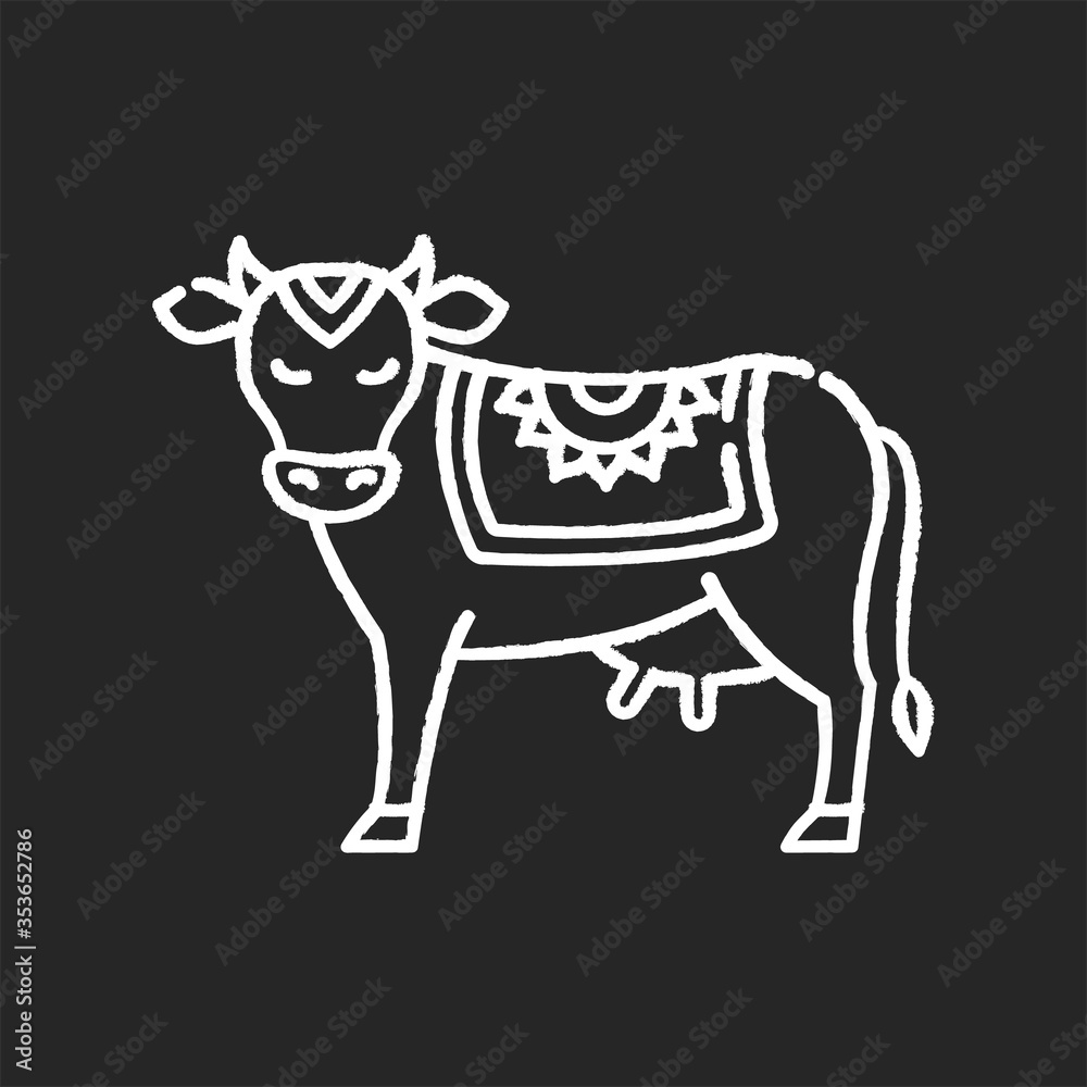 Holy cow chalk white icon on black background. Sacred animal. Religious ...