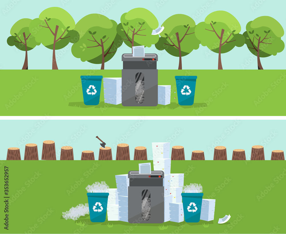 A pile of paper and documents stands above big floor shredder in front ...