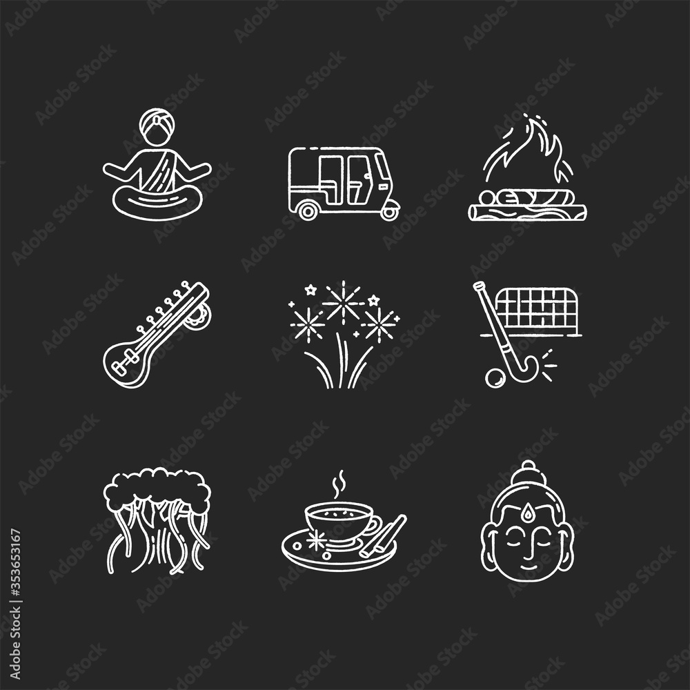 Indian customs chalk white icons set on black background. Religious ...
