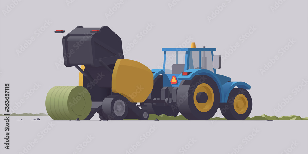 Vector tractor & round baler. Grass hay baling. Isolated illustration ...