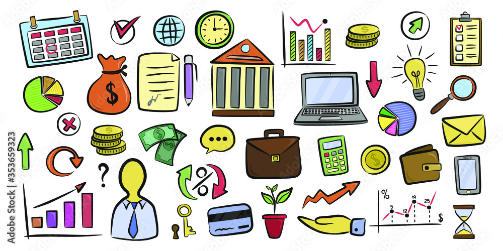 Vector set of color doodle business and finance Icons and elements on ...