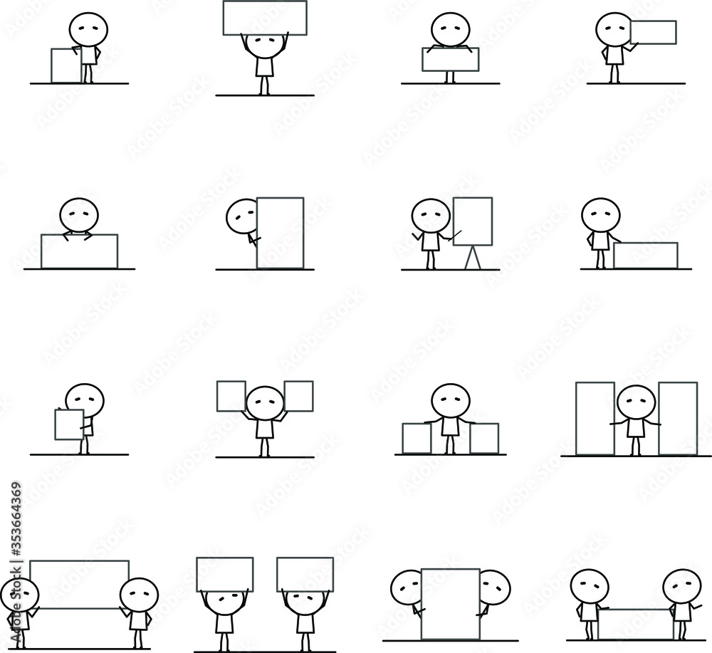 Set of Cartoon simple outline variety action with the blank board ...