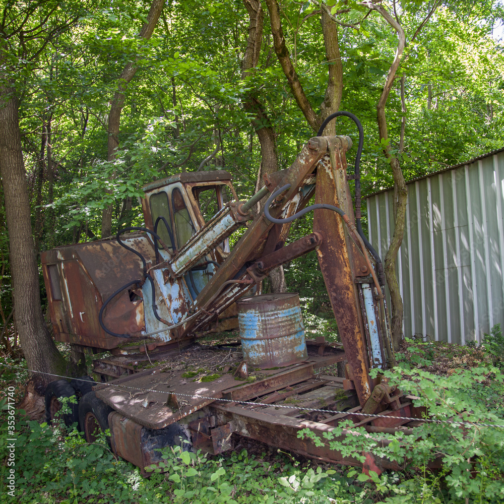 Vieille carcasse de pelle mécanique abandonnée dans les bois Stock ...