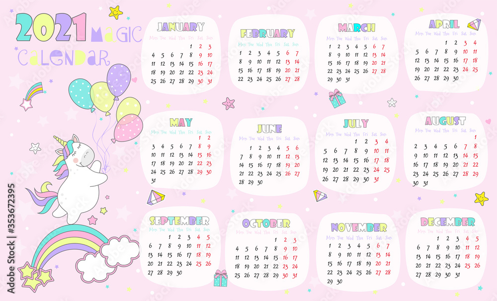 Vector illustration child calendar for 2021 with cute unicorn, magic ...
