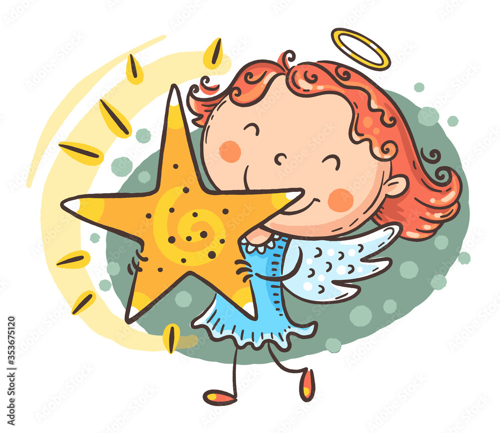 Little girl in an angel costume holding a star Stock Vector | Adobe Stock