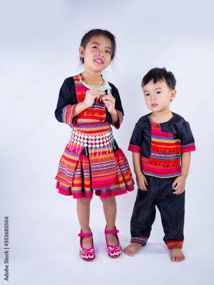 Hmong children little girls wearing traditional dress on white ...