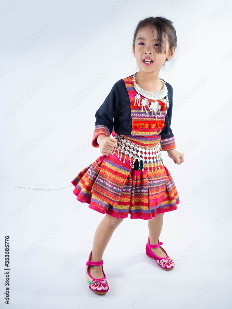 Hmong children little girls wearing traditional dress Dancing on white ...