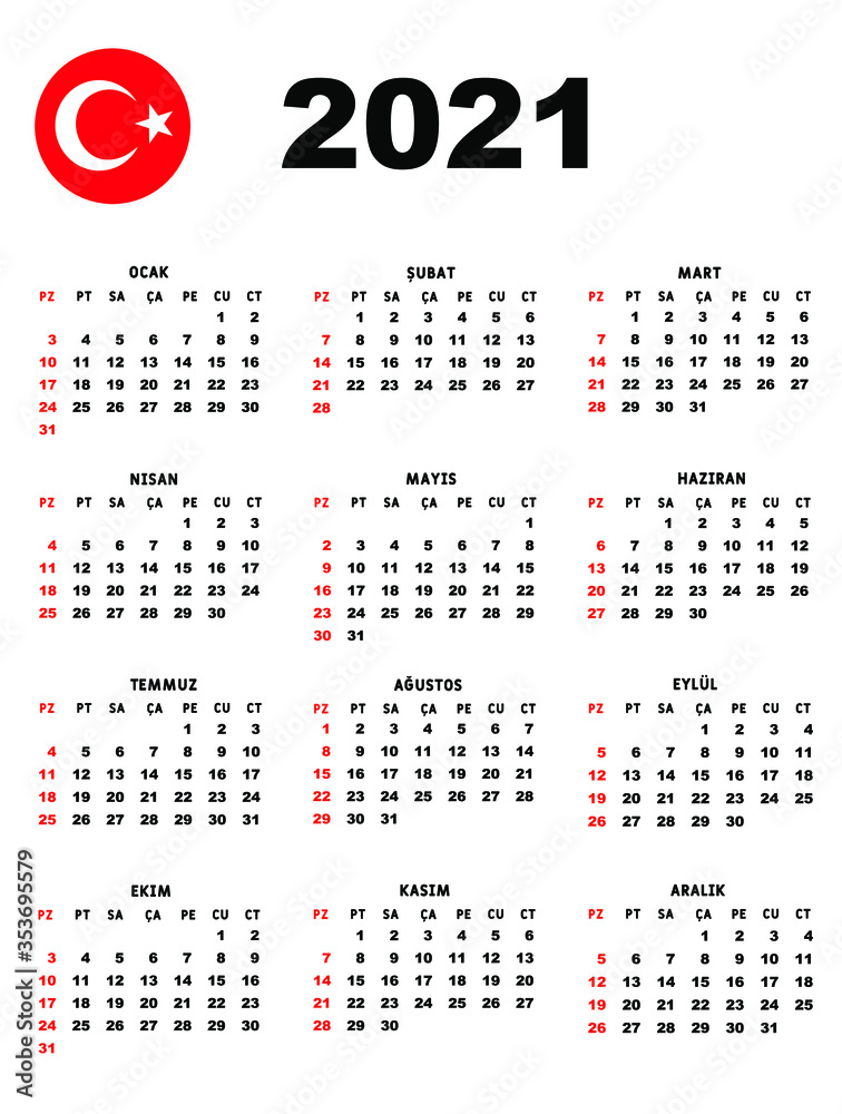Simple annual 2021 year wall calendar. Turkish language. Week starts on ...
