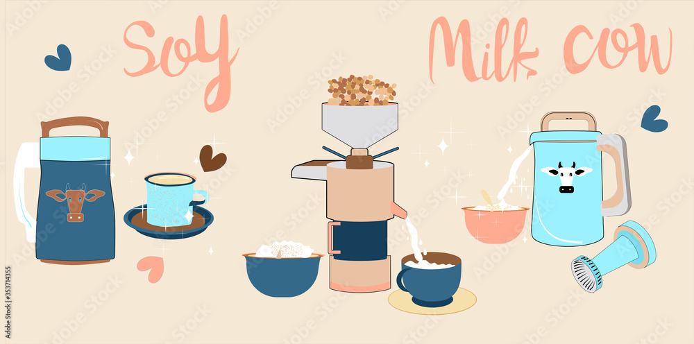 Soy milk maker or soy cow hand drawn doodle cartoon set. Organic drink ...
