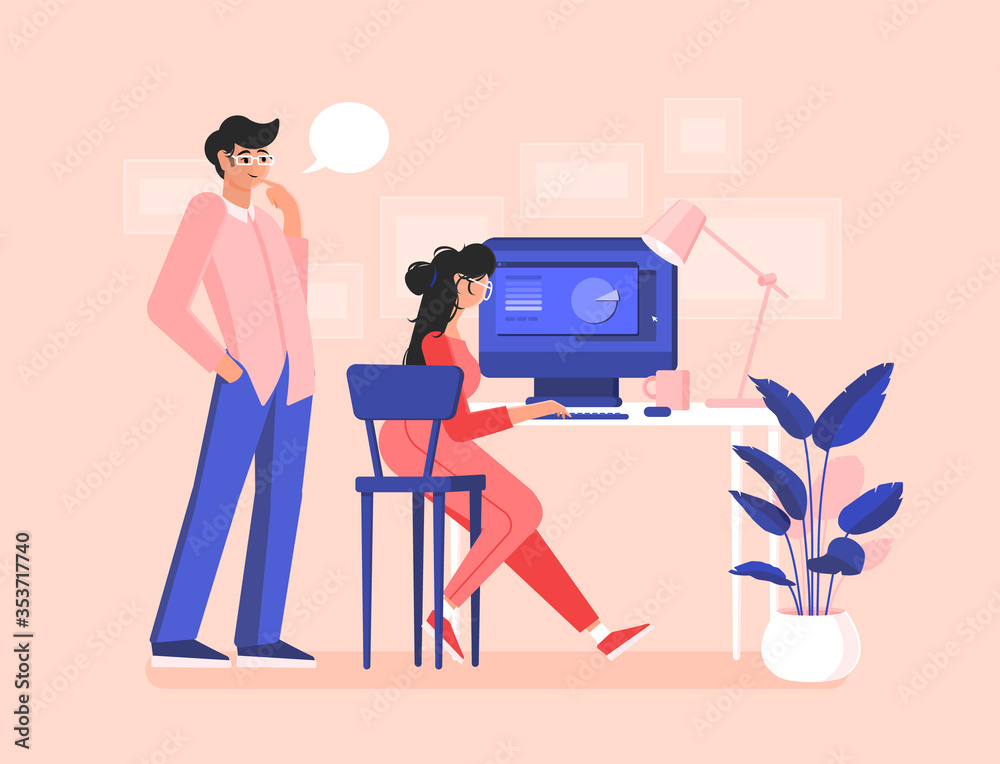 A girl sits at a computer and makes tables in a modern office. A male ...