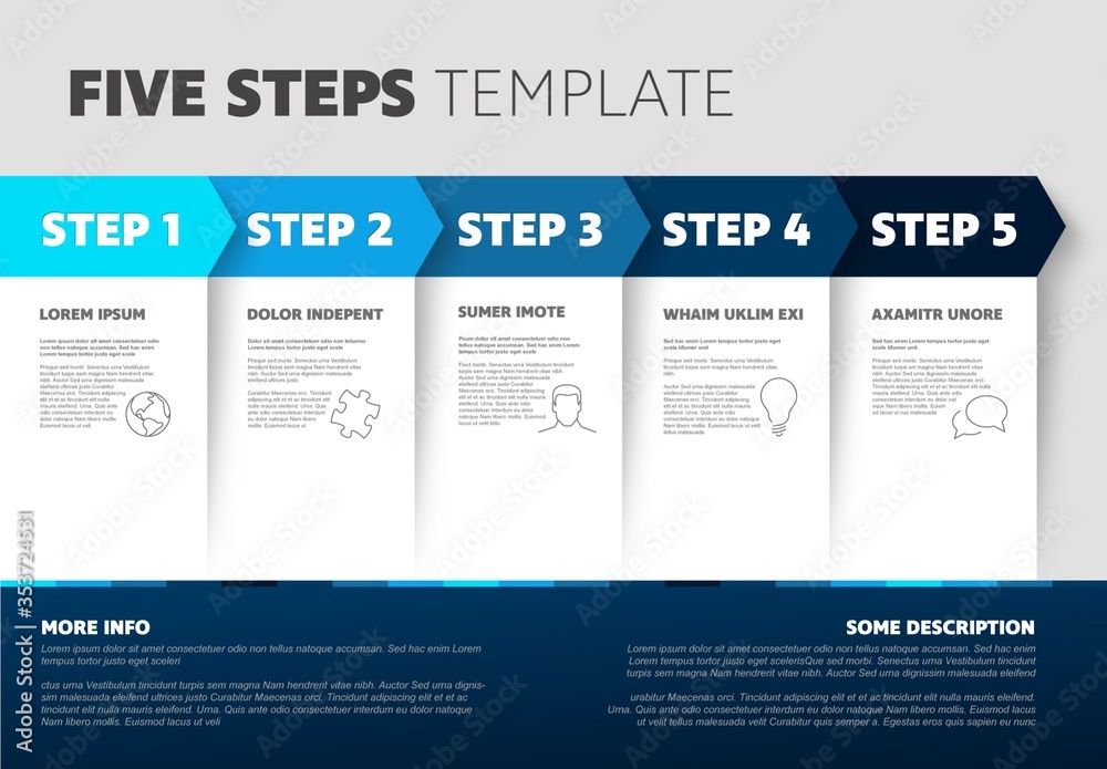 Five Step Infographic Layout with Blue Accents Stock Template | Adobe Stock