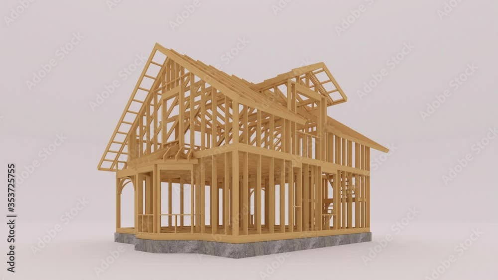 The 3d animation of a frame house under construction placed on drawings ...