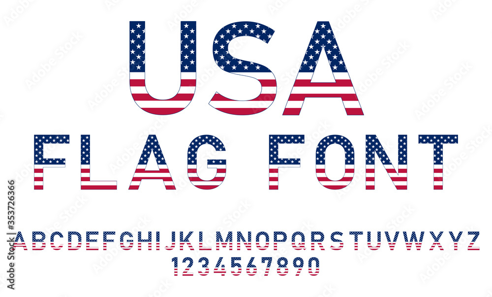 USA national flat flag style font. Alphabet letters and numbers vector ...
