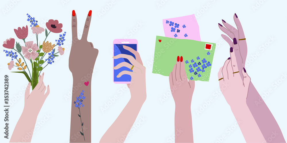 Female hands, in various poses and various objects with hands. Set hand ...