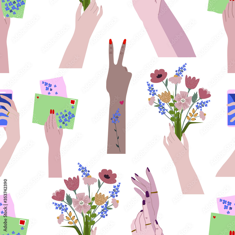 Female hands in various poses and various objects with hands.Cartoon ...