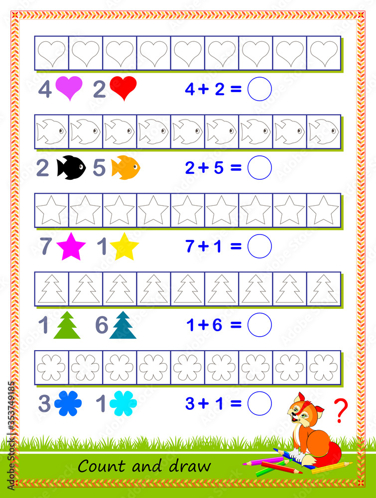Math education for children. Solve examples and paint the objects in ...