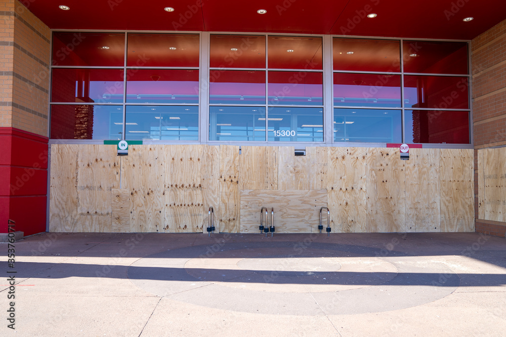 Maple Grove, Minnesota - May 29, 2020: A Target store is boarded up by ...