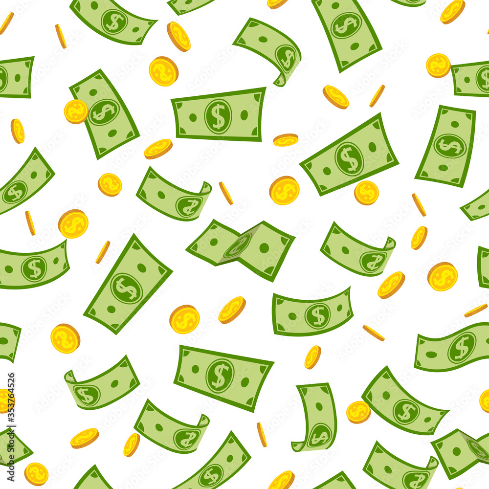 Money rain flat cartoon Seamless pattern. Green paper notes and gold ...