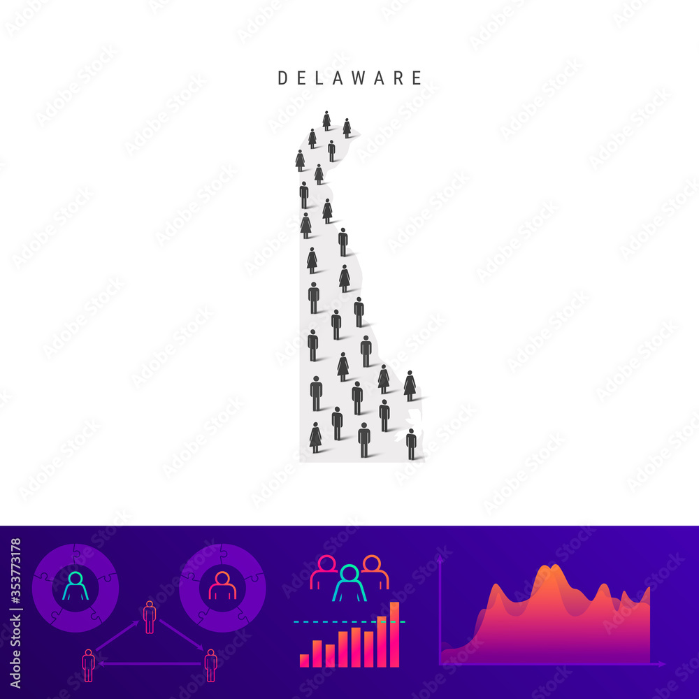 Delaware people map. Detailed vector silhouette. Mixed crowd of men and ...