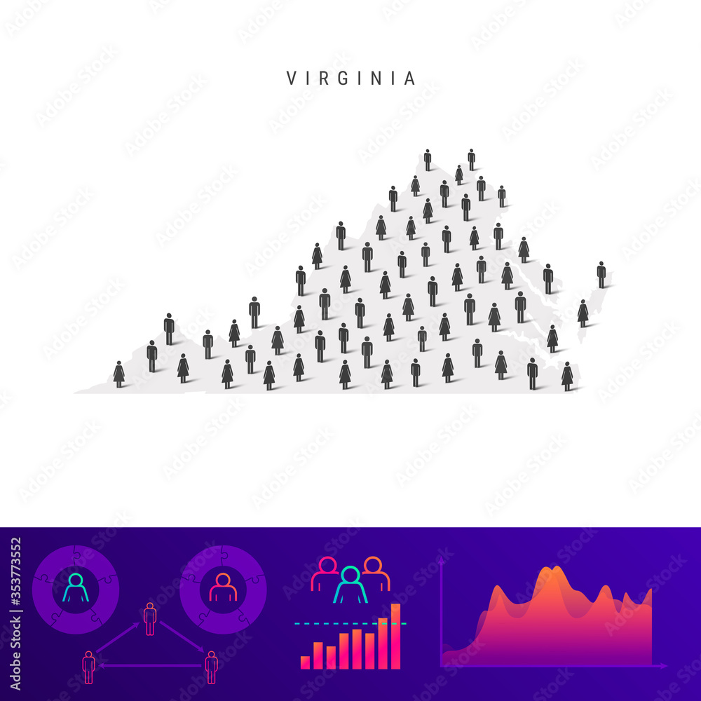 Virginia people map. Detailed vector silhouette. Mixed crowd of men and ...