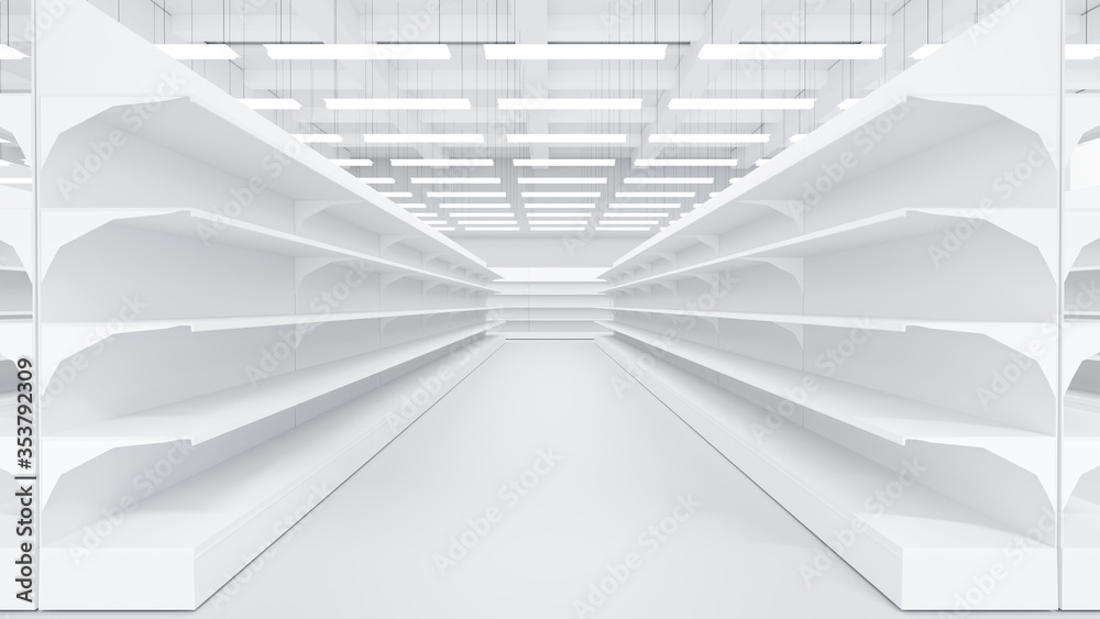 3D Rendering. Store interior supermarket with shelf shelves. Stock ...