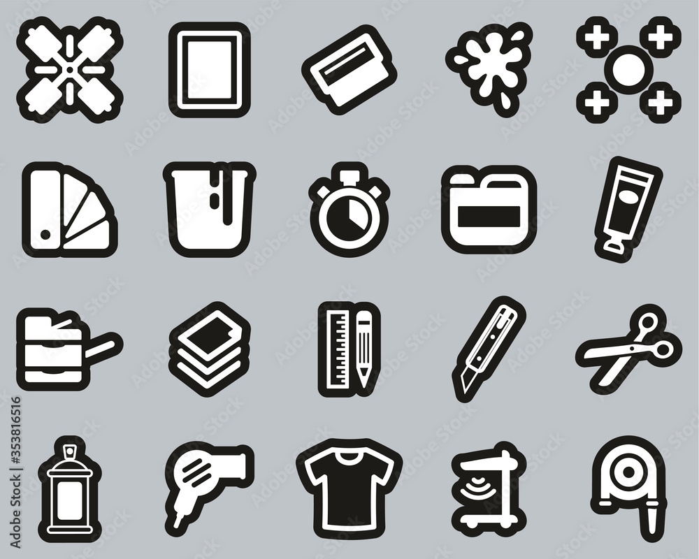 Screen Printing Icons White On Black Sticker Set Big Stock Vector ...