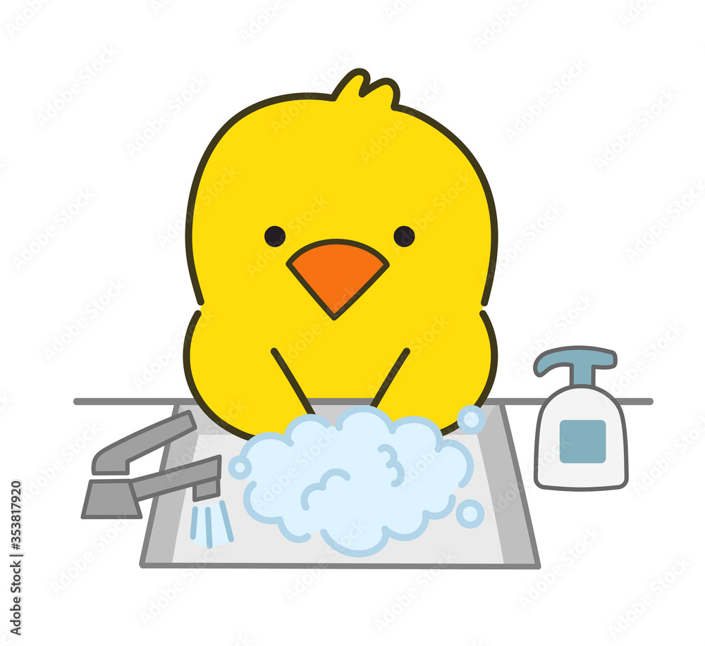 Chick washing his hands using a hand sanitizer. Vector illustration ...