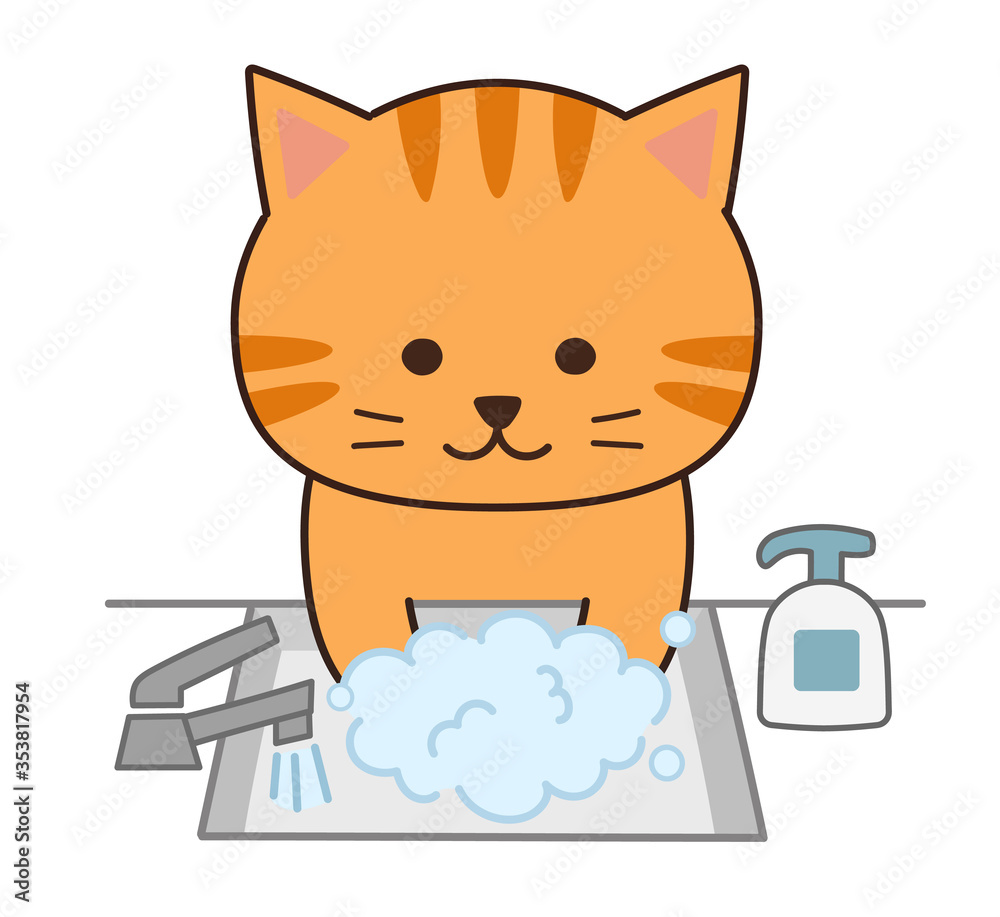 Tabby cat washing his hands using a hand sanitizer. Vector illustration ...