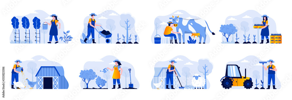 Farming scenes bundle with people characters. Farmers planting and ...
