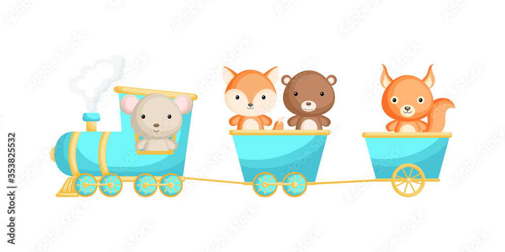 Cute mouse, fox, bear and squirrel ride on train. Graphic element for ...