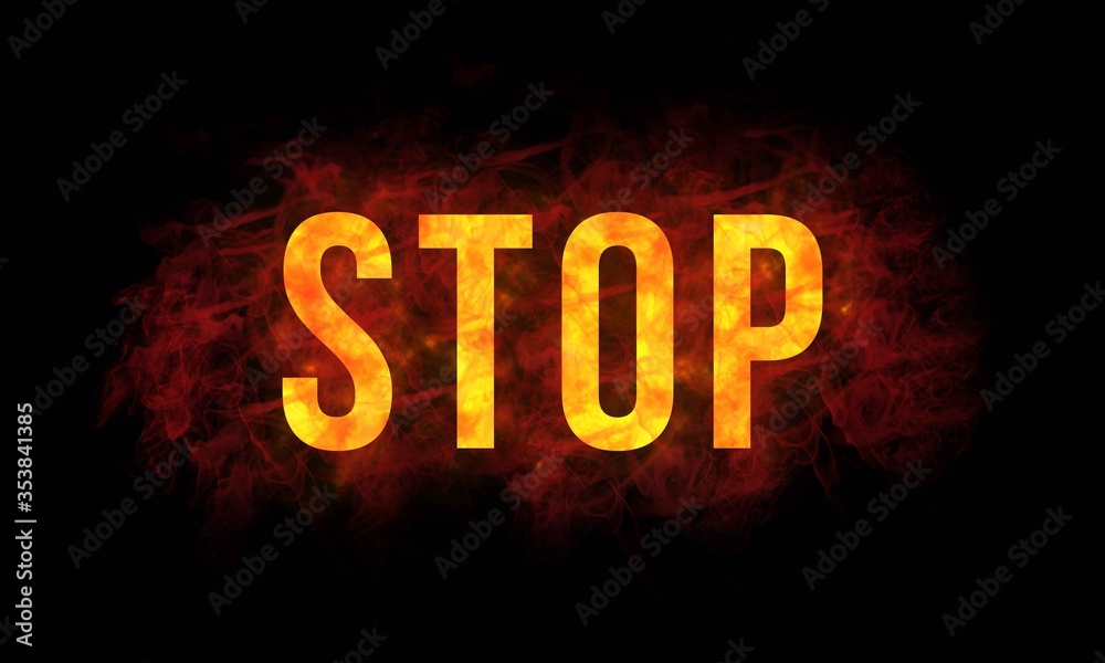 Word "Stop" is written with blue color on dark background with smoke ...