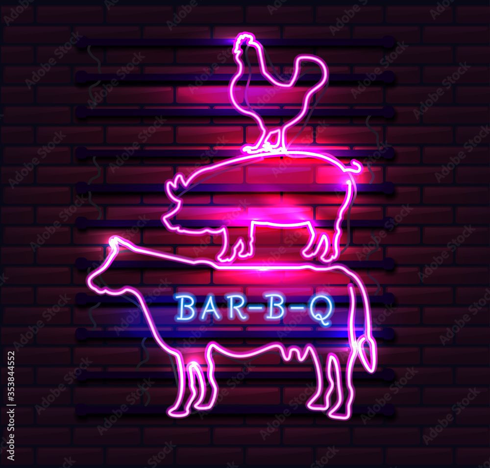 Chicken Pig Cow Silhouette. Neon BBQ sign on a brick background . BBQ ...