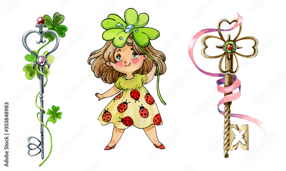 Set. Symbols of good luck. Four leaf clover. Keys of happiness and a ...