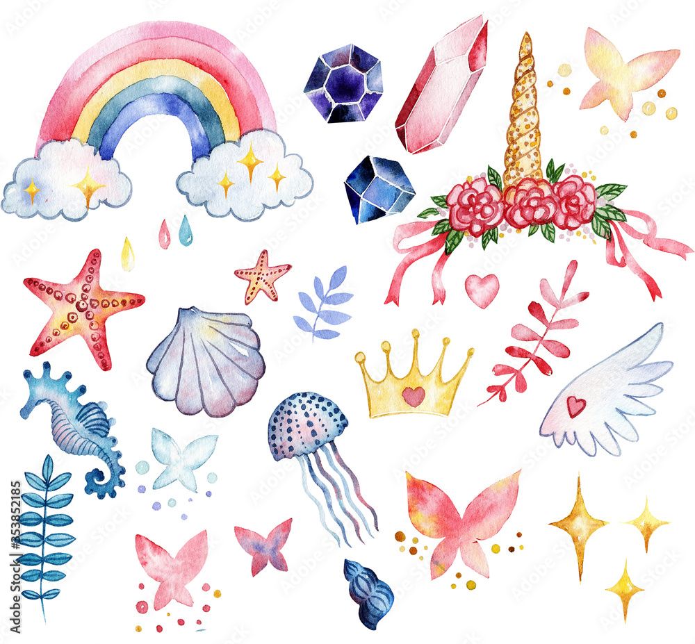 Set of cartoon stickers, magic elements. prints for kids, children ...