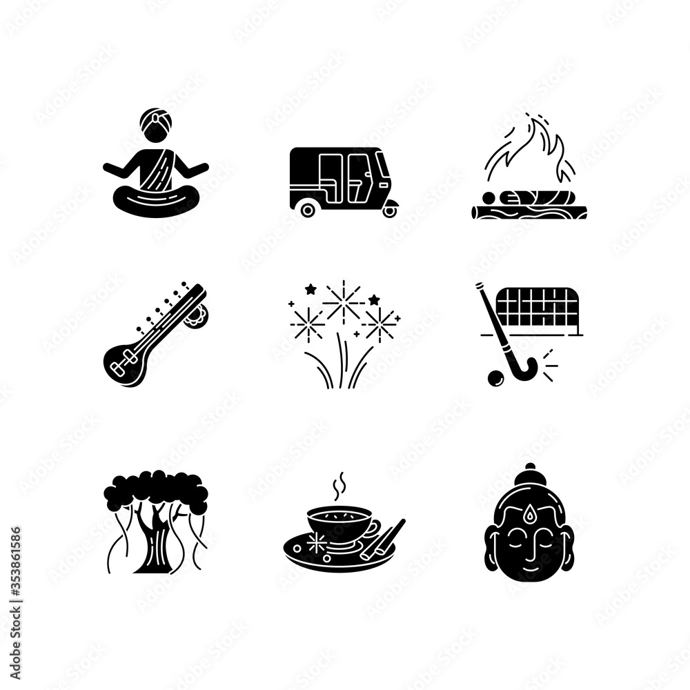 Indian customs black glyph icons set on white space. Religious symbols ...