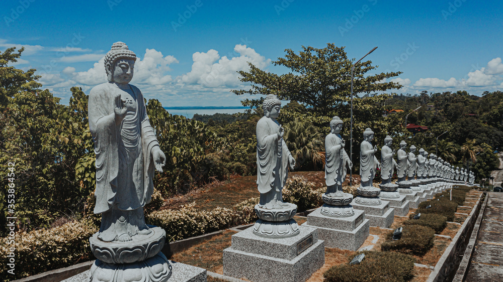 An aerial view of the outside of Puu Jih Shih Temple with Chinese art's ...