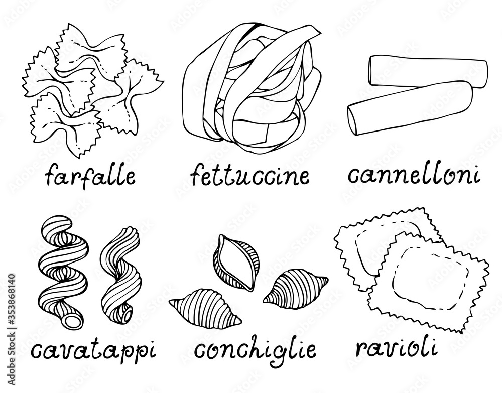 Pasta shapes vector sketch collection, hand drawn italian pasta ...