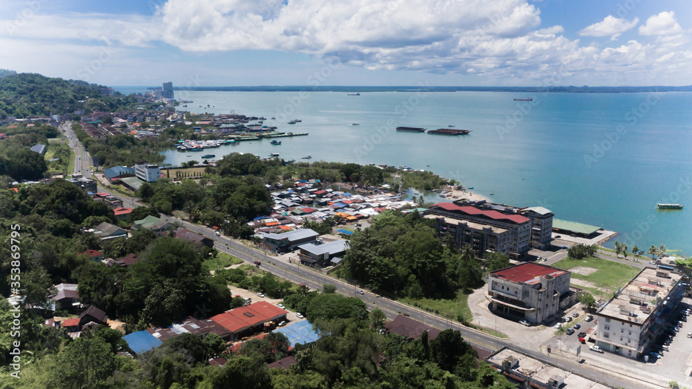 An aerial panorama view of Sandakan Town at Sabah. Sandakan is a city ...