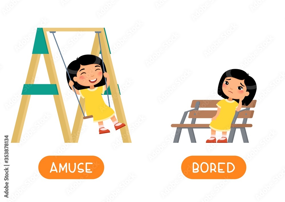 Antonyms concept, AMUSE and BORED. Educational word card with opposites ...