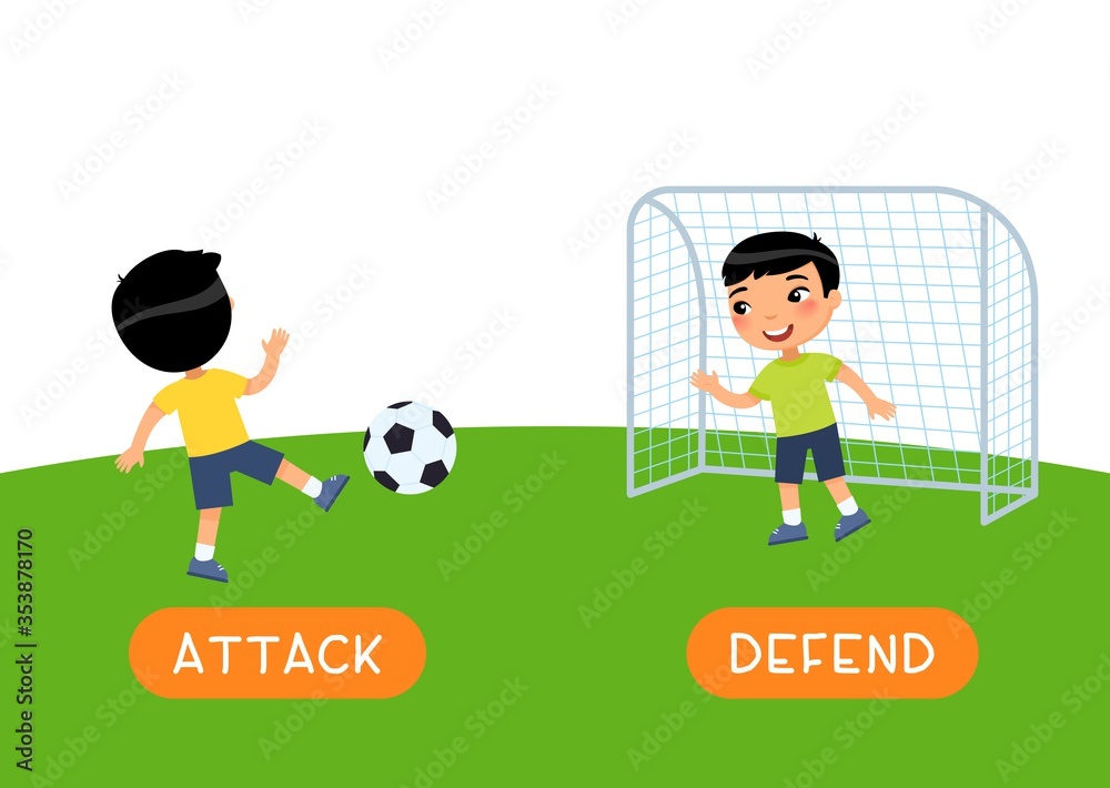 Antonyms concept, ATTACK and DEFENDED. Educational word card with ...