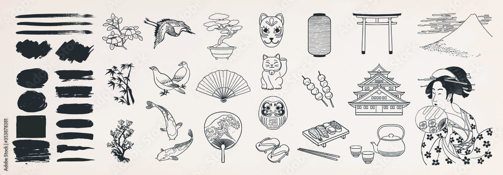 Japanese doodle set. Japanese traditional design elements. Hand drawn ...