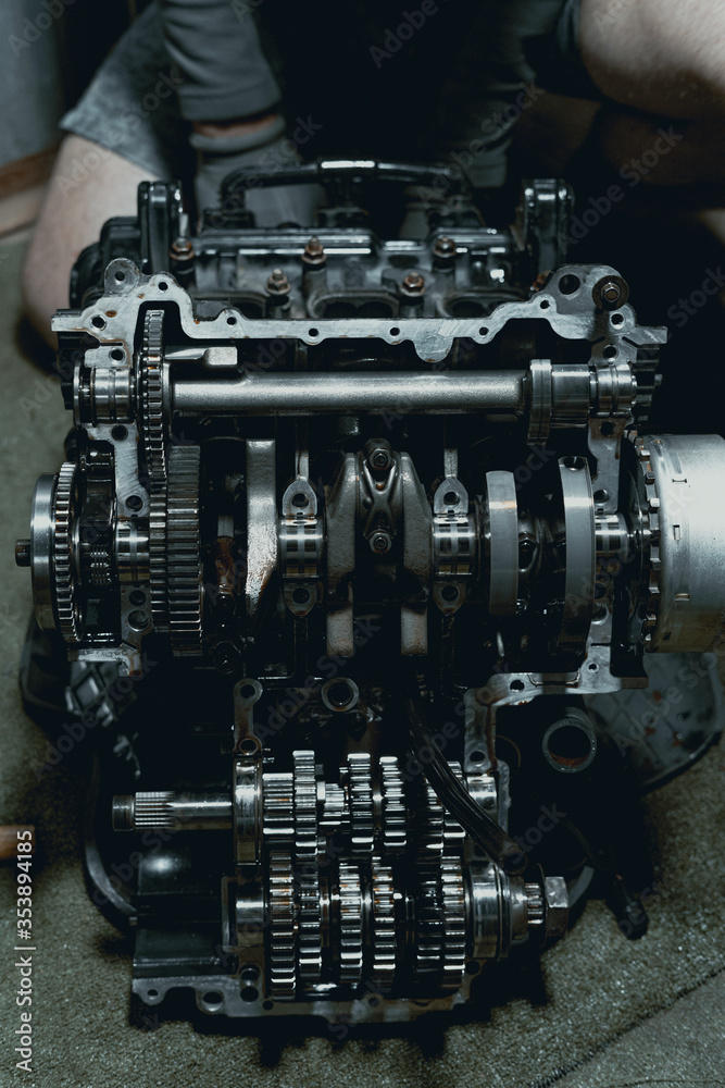 Disassembled fast motorcycle engine with visible Transmission and ...
