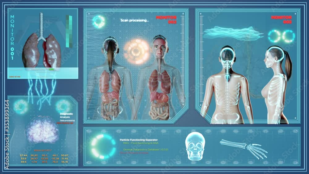 Female body futuristic X ray scan. HUD with 3D render animations in it ...
