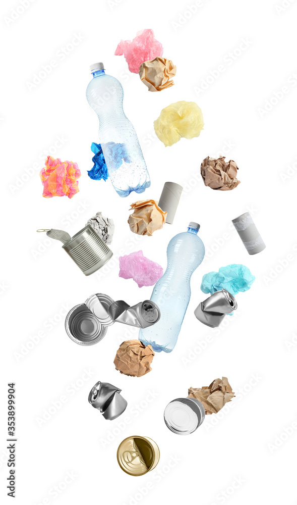 Set of different falling garbage on white background. Waste management ...