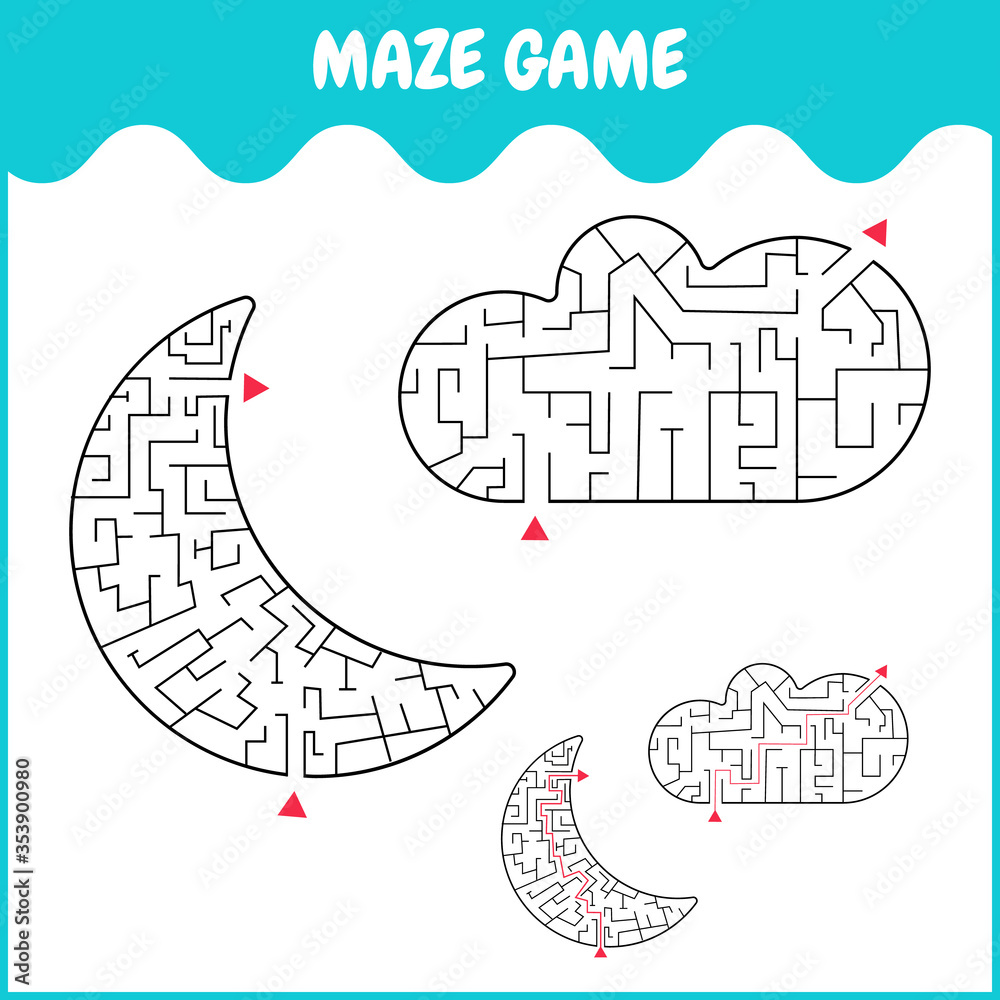 Educational maze game with moon and cloud for kids. Get directions ...
