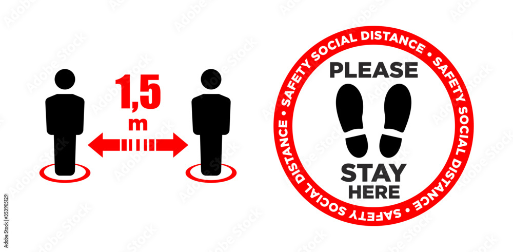 Vector of footprint sign with text keep your distance. 1,5 m safety ...