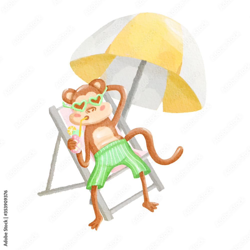 Watercolor Monkey sunbathing on a sunbed and drinking a cocktail under ...