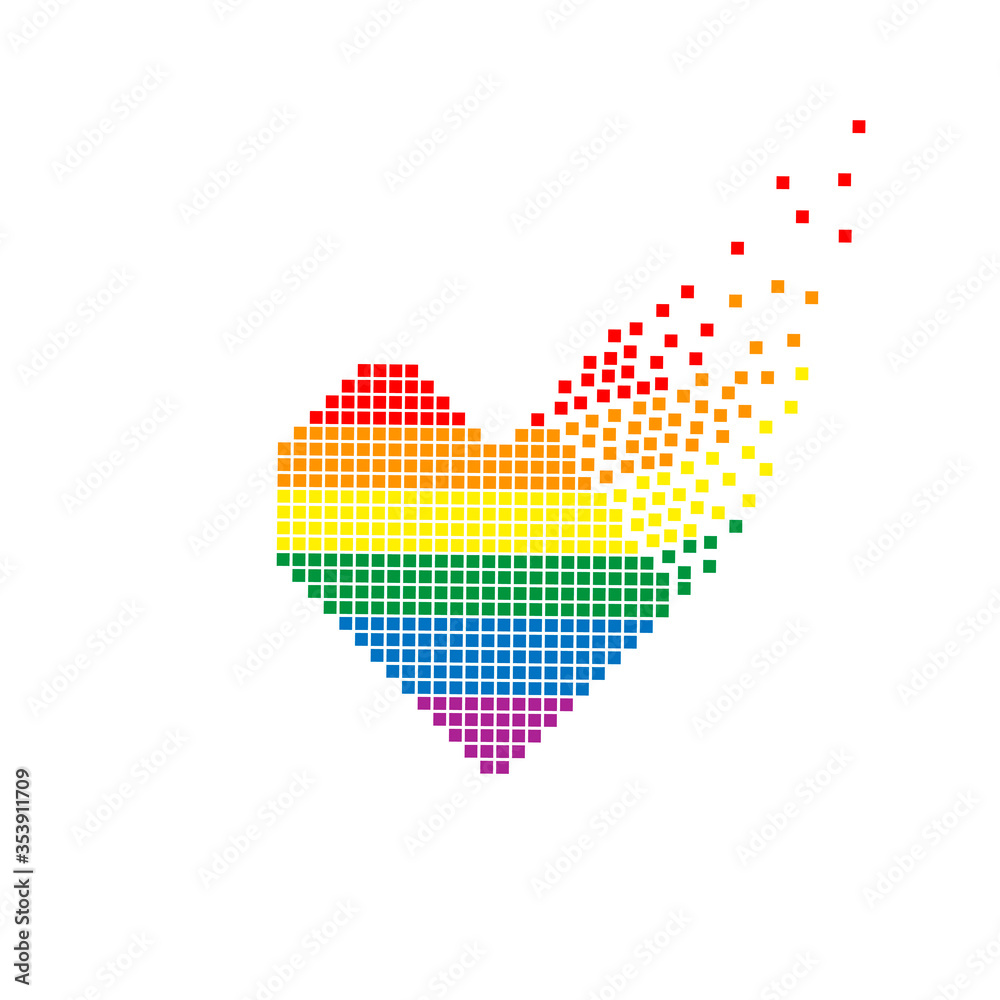 Pixel heart with flying pixels on an edge in colors of LGBT flag ...