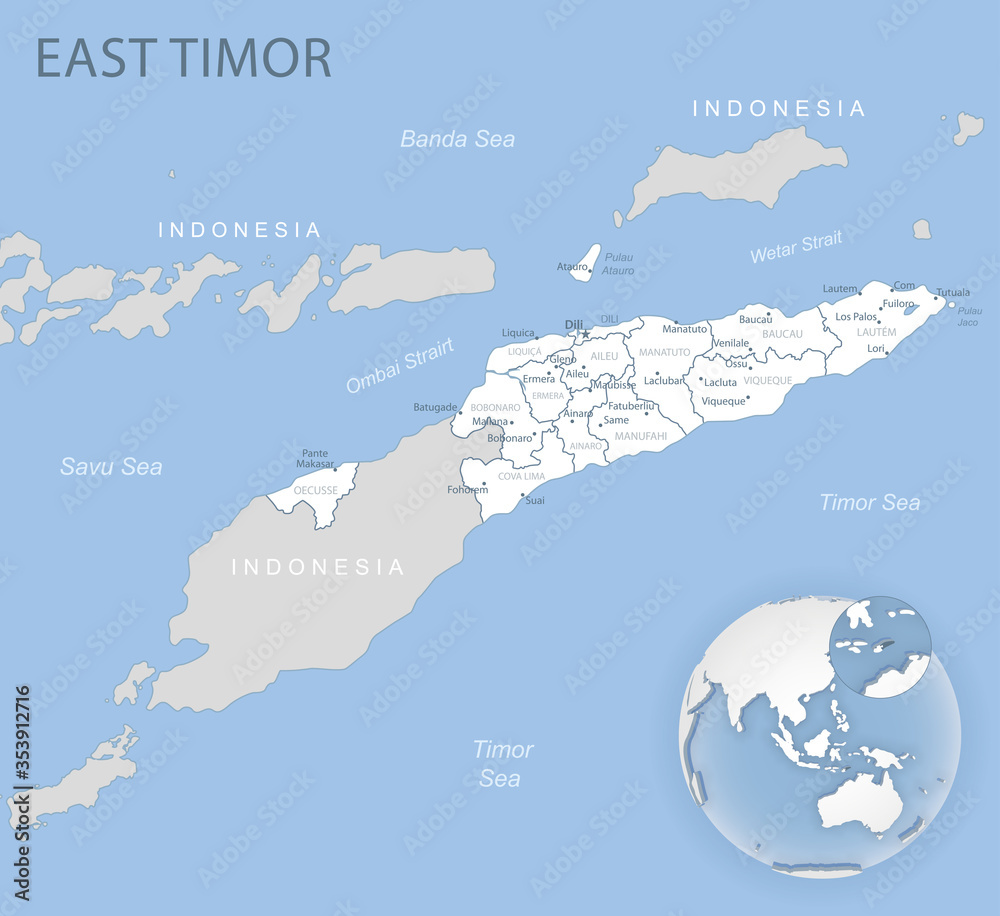 Blue-gray detailed map of East Timor administrative divisions and ...