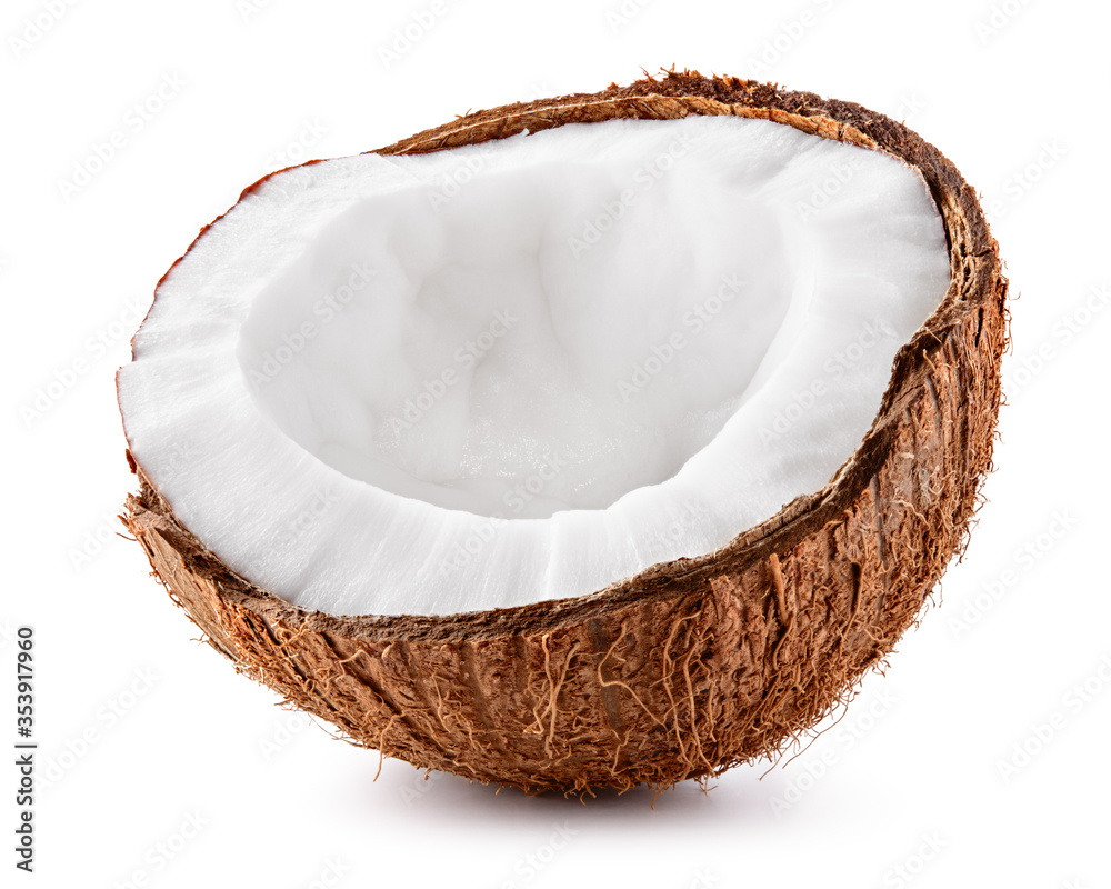 Coconut half isolate. Coco isolated side view. Open coconut. Coco slice ...
